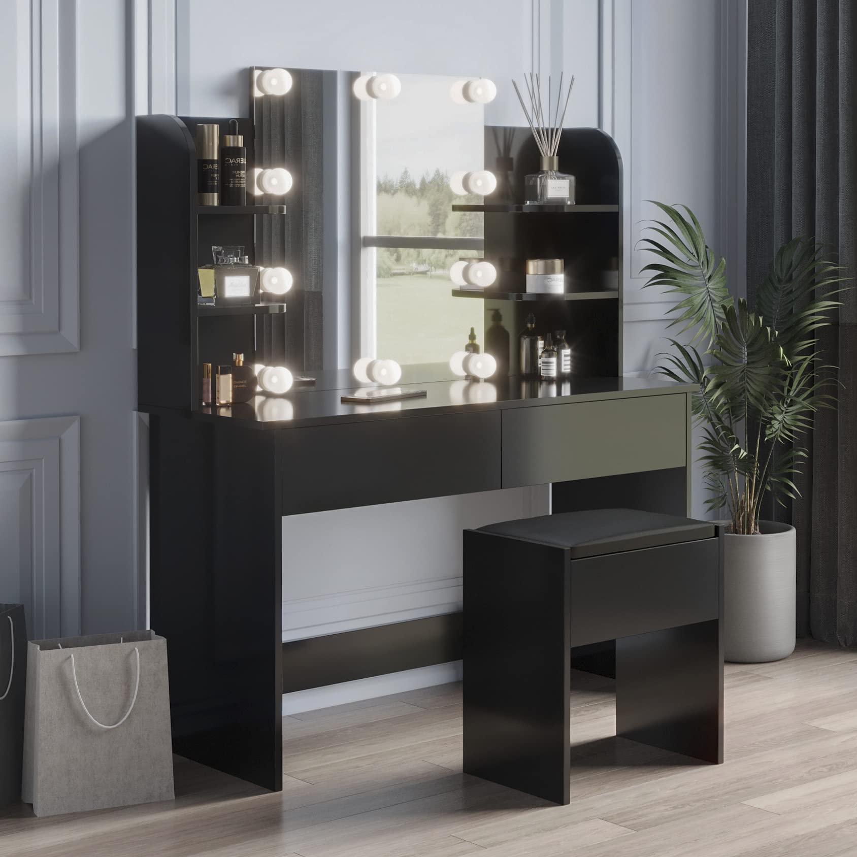 Tiophome Makeup Vanity Desk with LED Mirror & 10 Lights, Large Storage with 2 Drawer & 6 Open Shelves, Adjustable Brightness, Bedroom Dresser Dressing Table, Black