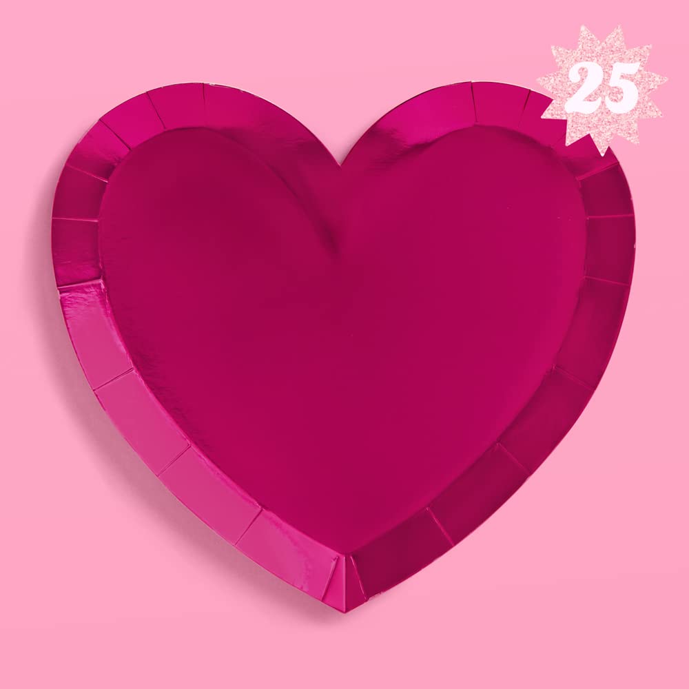 xo, Fetti Hot Pink Foil Heart Plates - 25 pack | Vday Cake Plates, Happy Birthday Party Decorations, Cute Valentine's Day Party