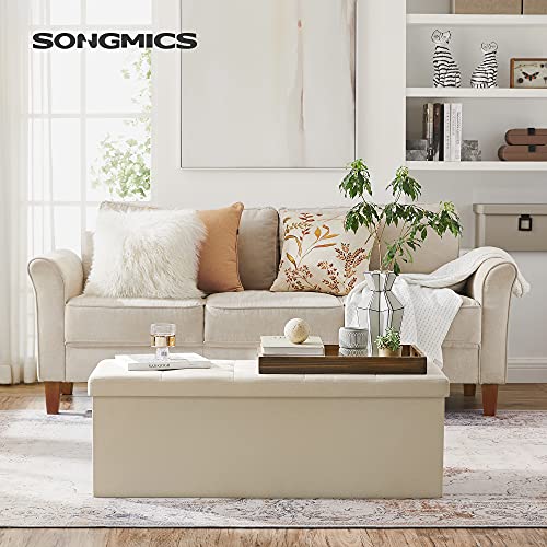 SONGMICS 43 Inches Folding Storage Ottoman Bench, Storage Chest, Foot Rest Stool, Bedroom Bench with Storage, Beige ULSF77BE