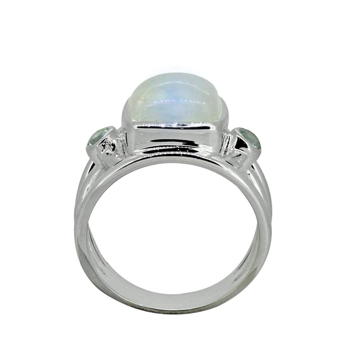 YoTreasure Moonstone & Blue Topaz Three Stone Chunky Ring .925 Sterling Silver