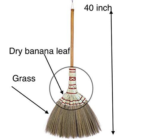 SKENNOVA - Thai Vintage Retro Grass Broom Stick, Long Handle Hand Grip The Reed Tree with Grass Durable Broom Housewarming Gifts Asian Broom 40 inch (Kong Grass, Length 40 inch)
