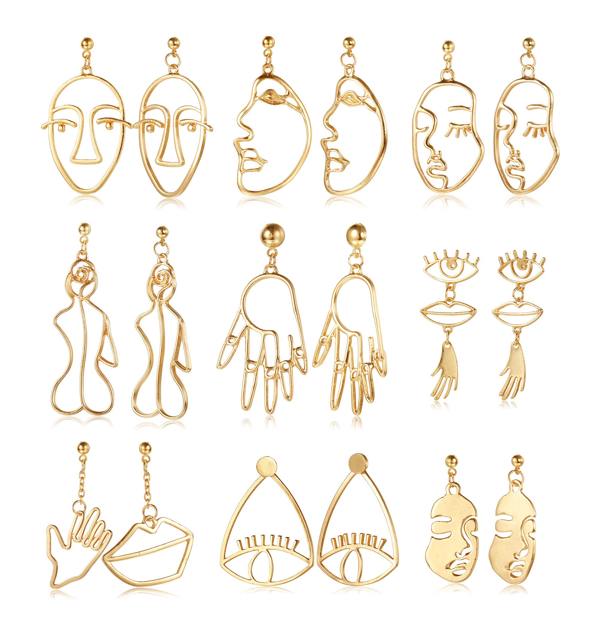 YADOCA 9 Pairs Face Hand Earrings for Women Hollow Statement Geometric Fun Abstract Art Earrings