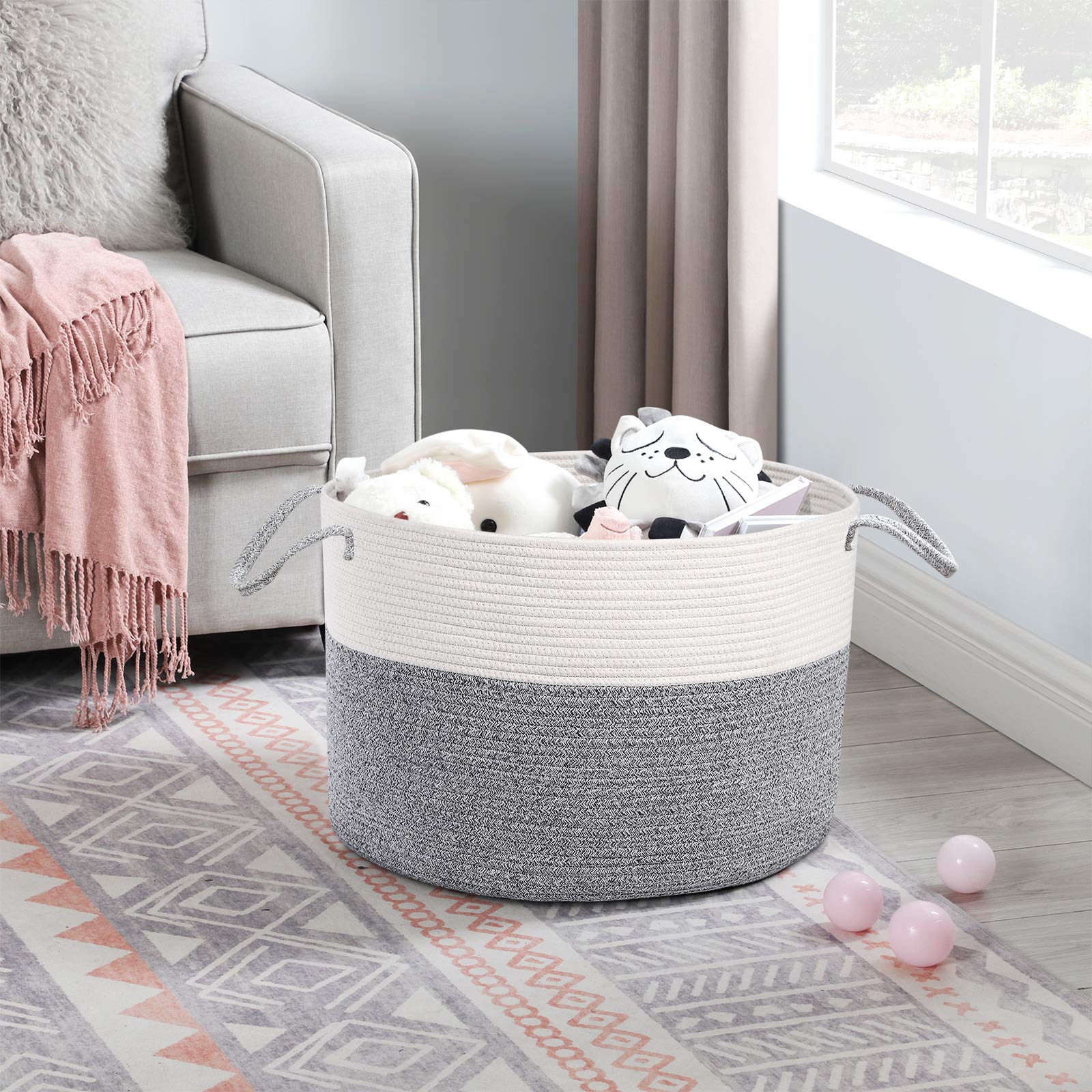 SONGMICS Cotton Rope Basket Storage with Handles, Laundry Hamper for Clothes, Blankets, Living Room, Bedroom, Gray + Beige