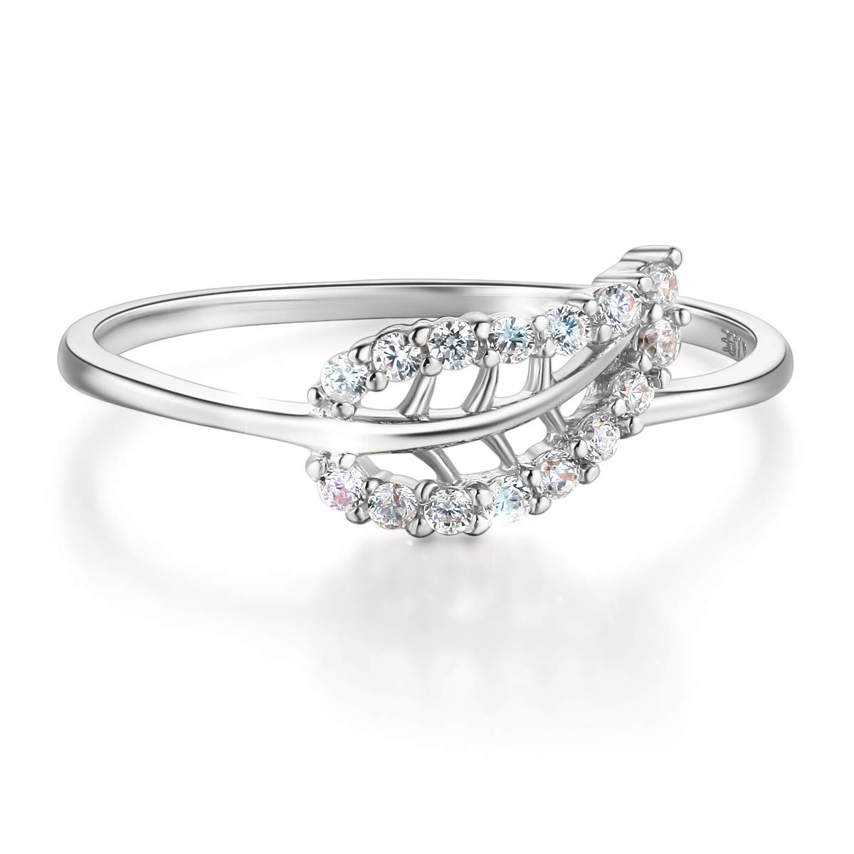 Wellingsale Ladies Solid 14k White Gold Polished CZ Cubic Zirconia Leaf Right Hand Fashion Ring - Size 4