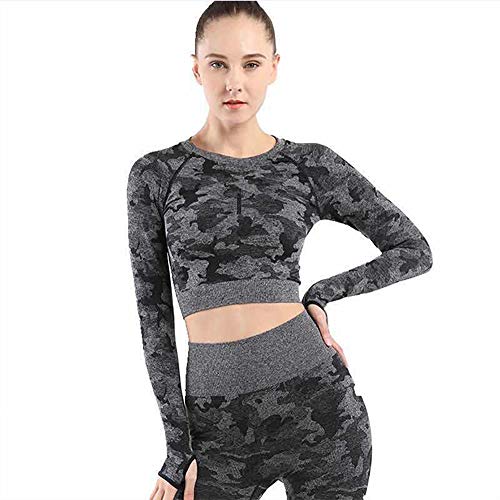 Yoga Workout Set High Waist Athletic Seamless Leggings Long Sleeve 2 Pieces Set (Camouflage Black, L)