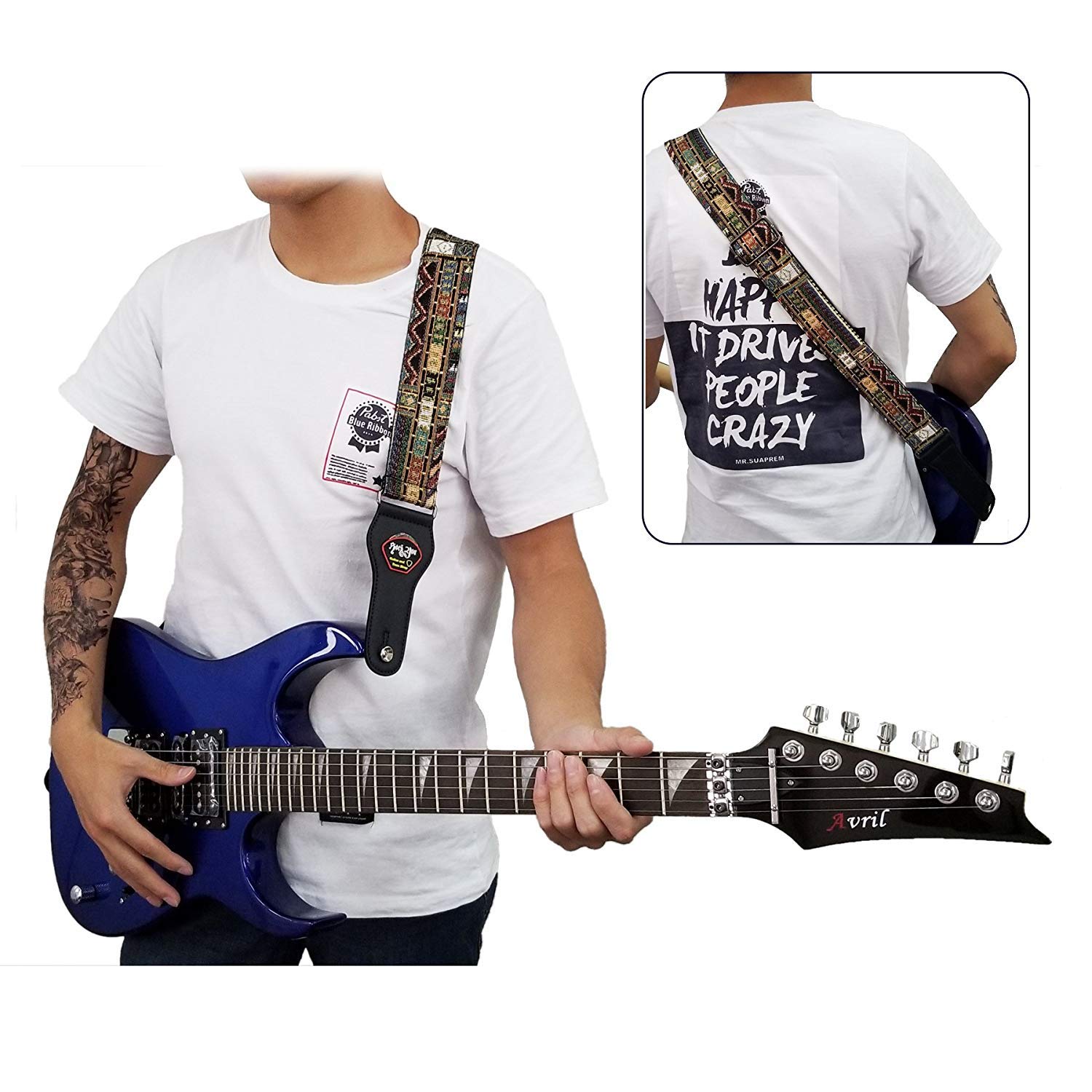 Wepop Guitar Strap Vintage Woven Style Adjustable Acoustic Electric Guitar Bass Strap with Leather Ends, Picks, Strap(Folk lattice)