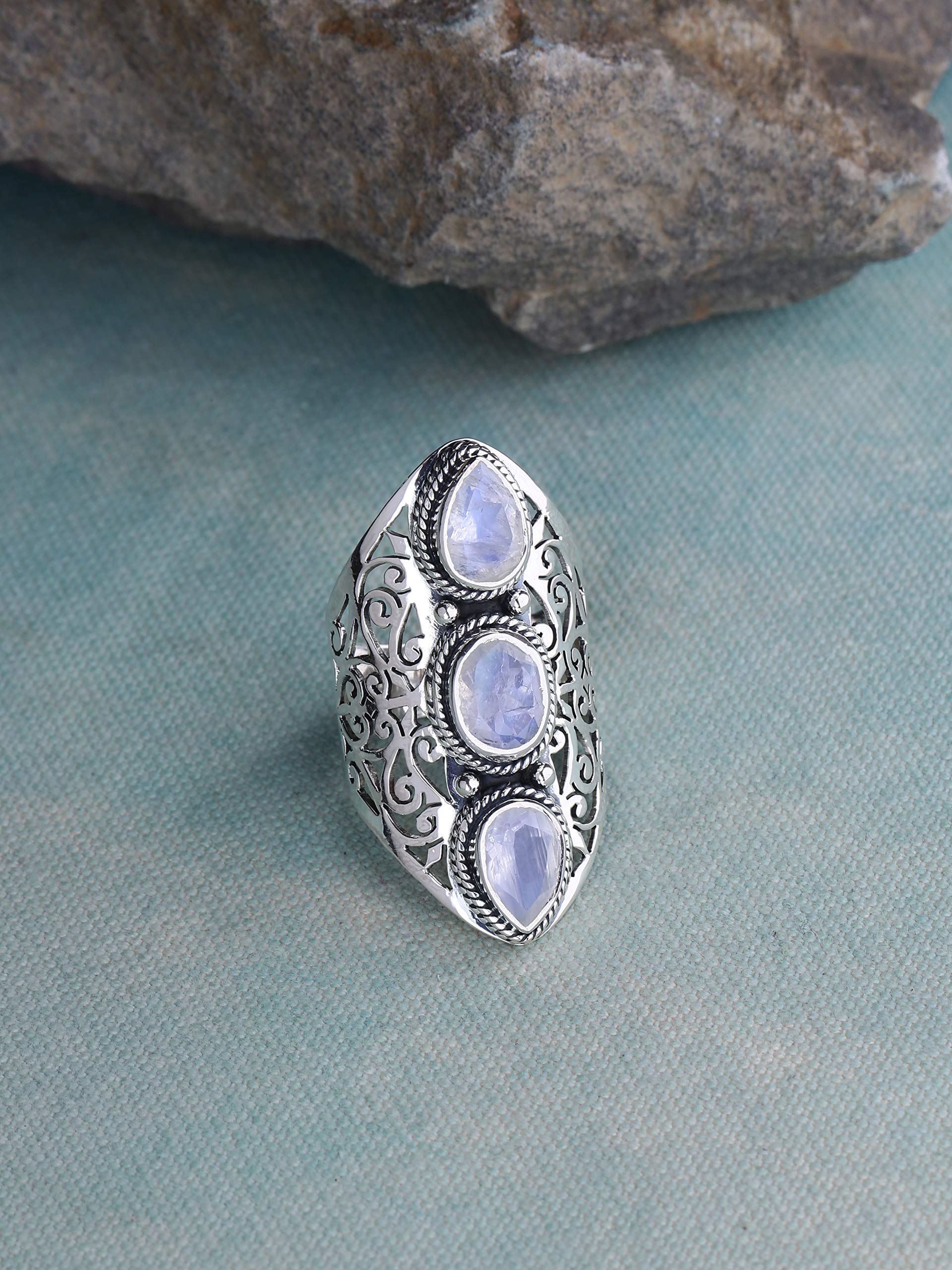 YoTreasure Moonstone Solid 925 Sterling Silver 3 Stone Ring Jewelry