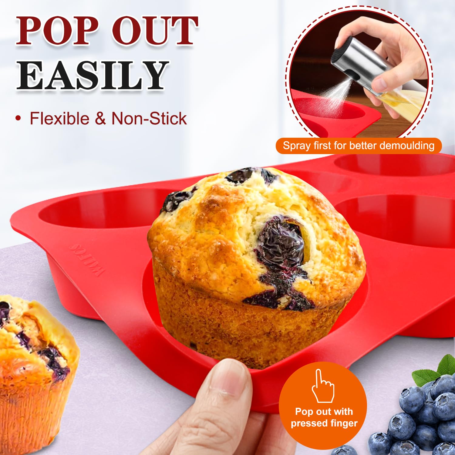 Walfos Silicone Texas Muffin Pan Set- 6 Cup Jumbo Silicone Cupcake Pan, Non-Stick Silicone, Just PoP Out! Perfect for Egg Muffin, Big Cupcake - BPA Free and Dishwasher Safe, Set of 2