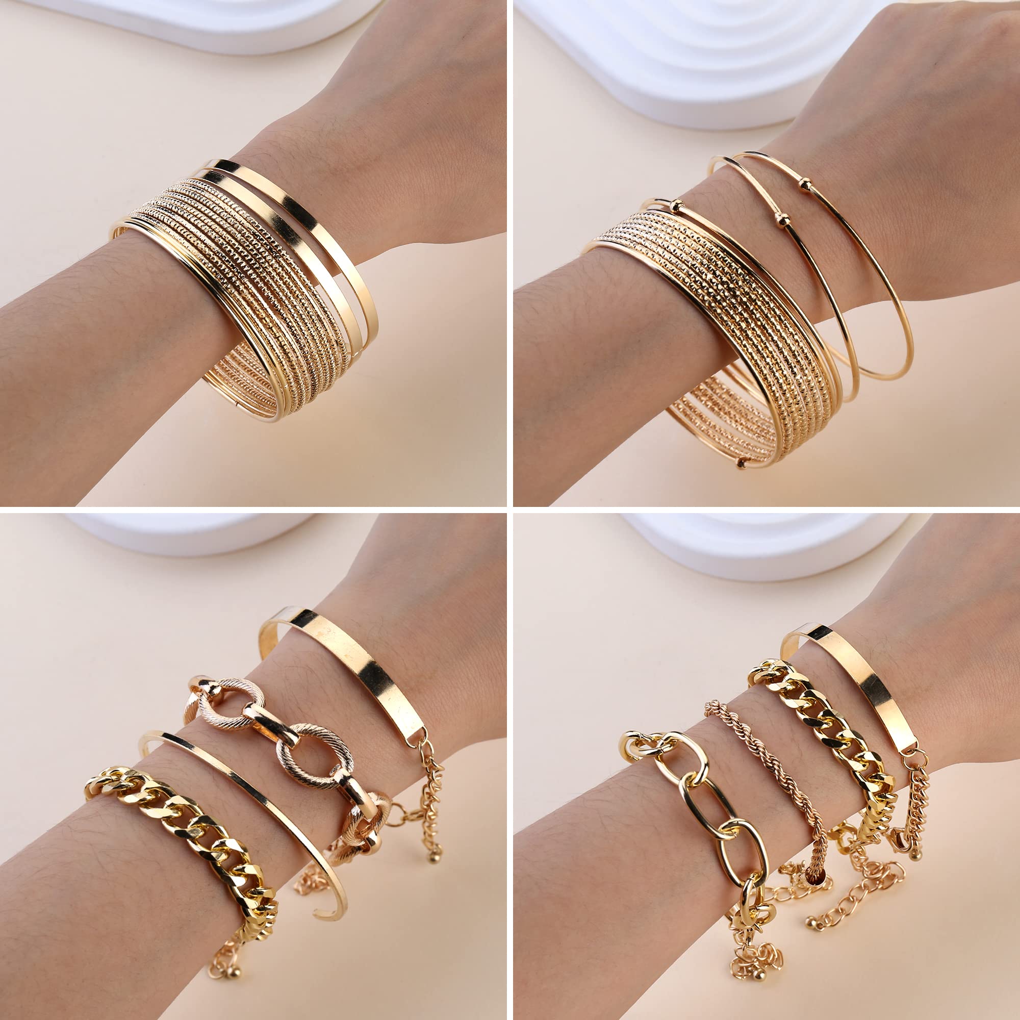 YADOCA 33Pcs Gold Stackable Bangle Bracelets Set For Women Boho Indian Dainty Multiple Layered Stackable Open Cuff Wrap Bangles Adjustable Trendy Paperclip Link Italian Cuban Chain Jewelry For Women