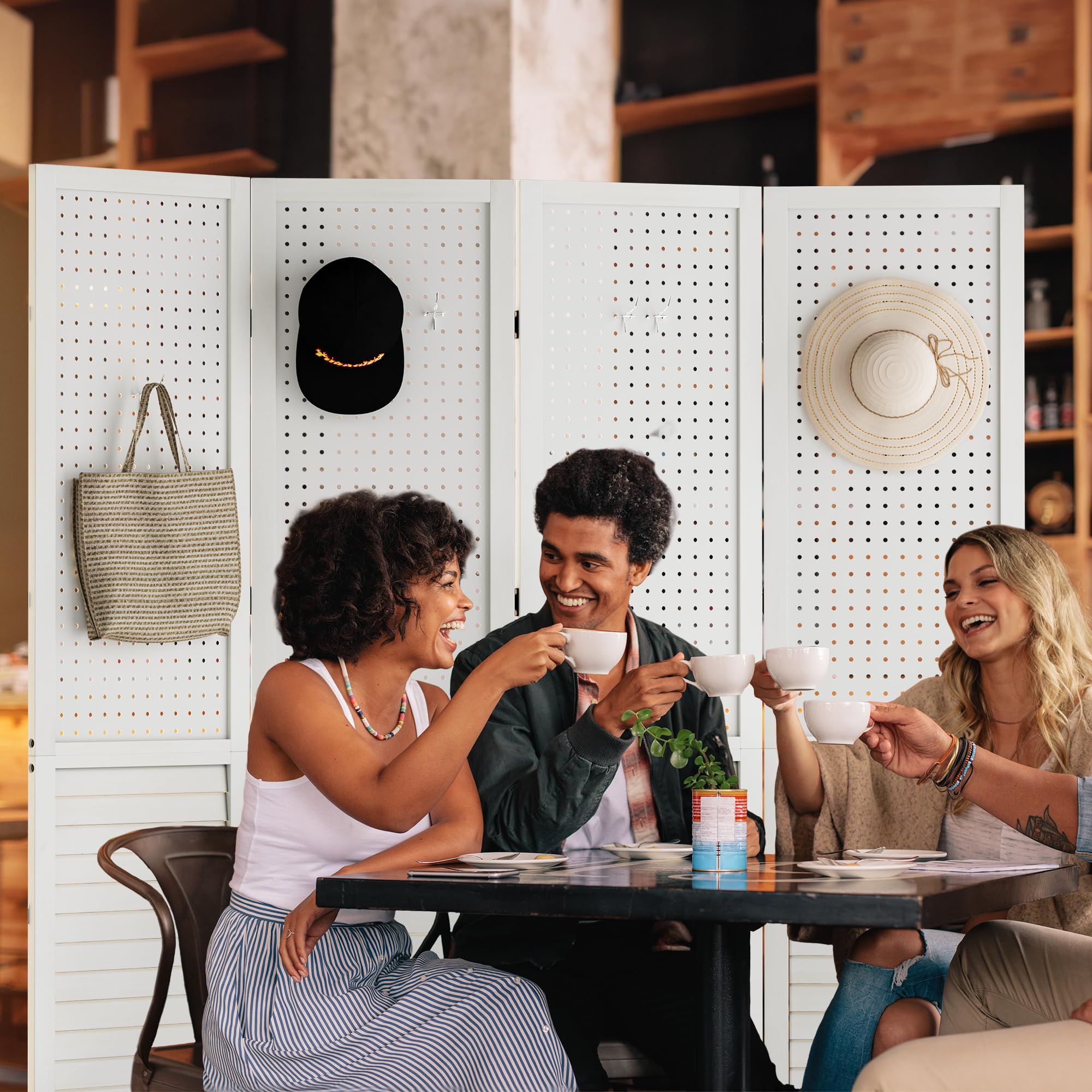 YITAHOME 5.6FT Wood PegBoard Room Divider 4 Panel Folding Privacy Screens and Pegboard Display, Standalone Portable Wall Divider Room Partition for Jewelry, Craft Show, Retail, Bedroom