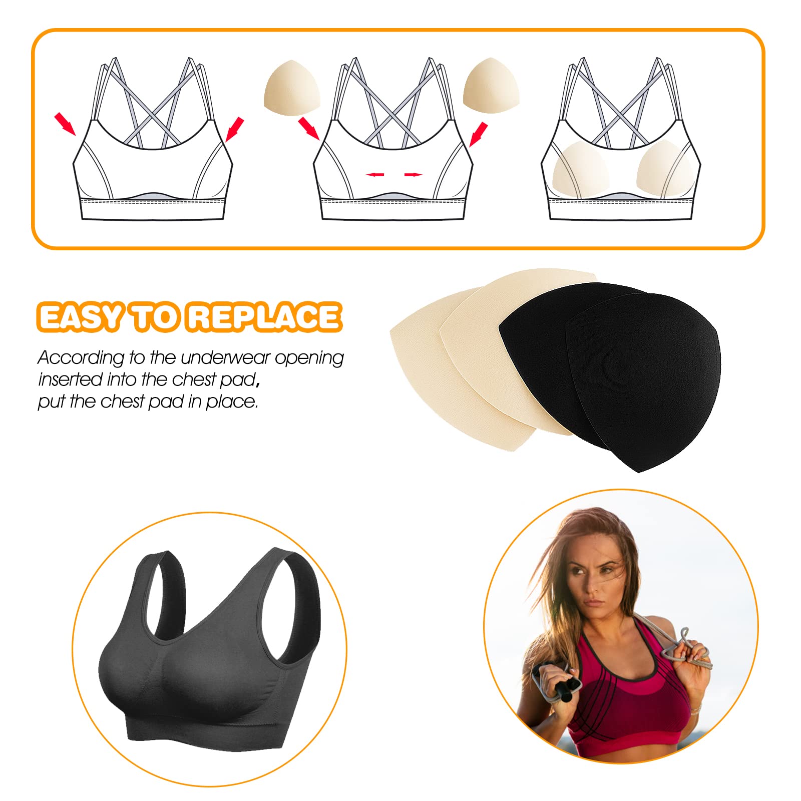 WLLHYF 2 Pairs Removable Bra Pads, Breathable Bra Pads Inserts Women's Pads Enhancers Triangle Shape Breast Padding for Sports Bras Swimsuits Bikini A, B, C, D Cup Available Skin/Black