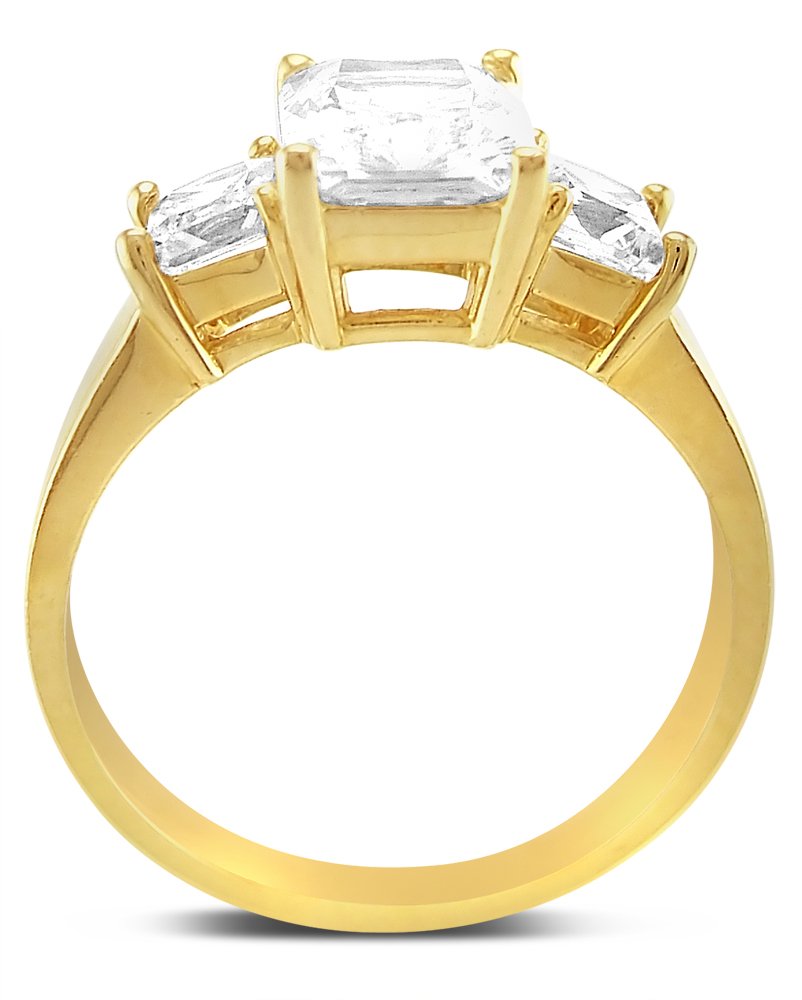 Size 4.5 - Solid 14k Yellow Gold 3 Three Stone Emerald-Cut/Shape Solitaire with Princess Cut Side Stones CZ Cubic Zirconia Engagement Ring 2.5ct.