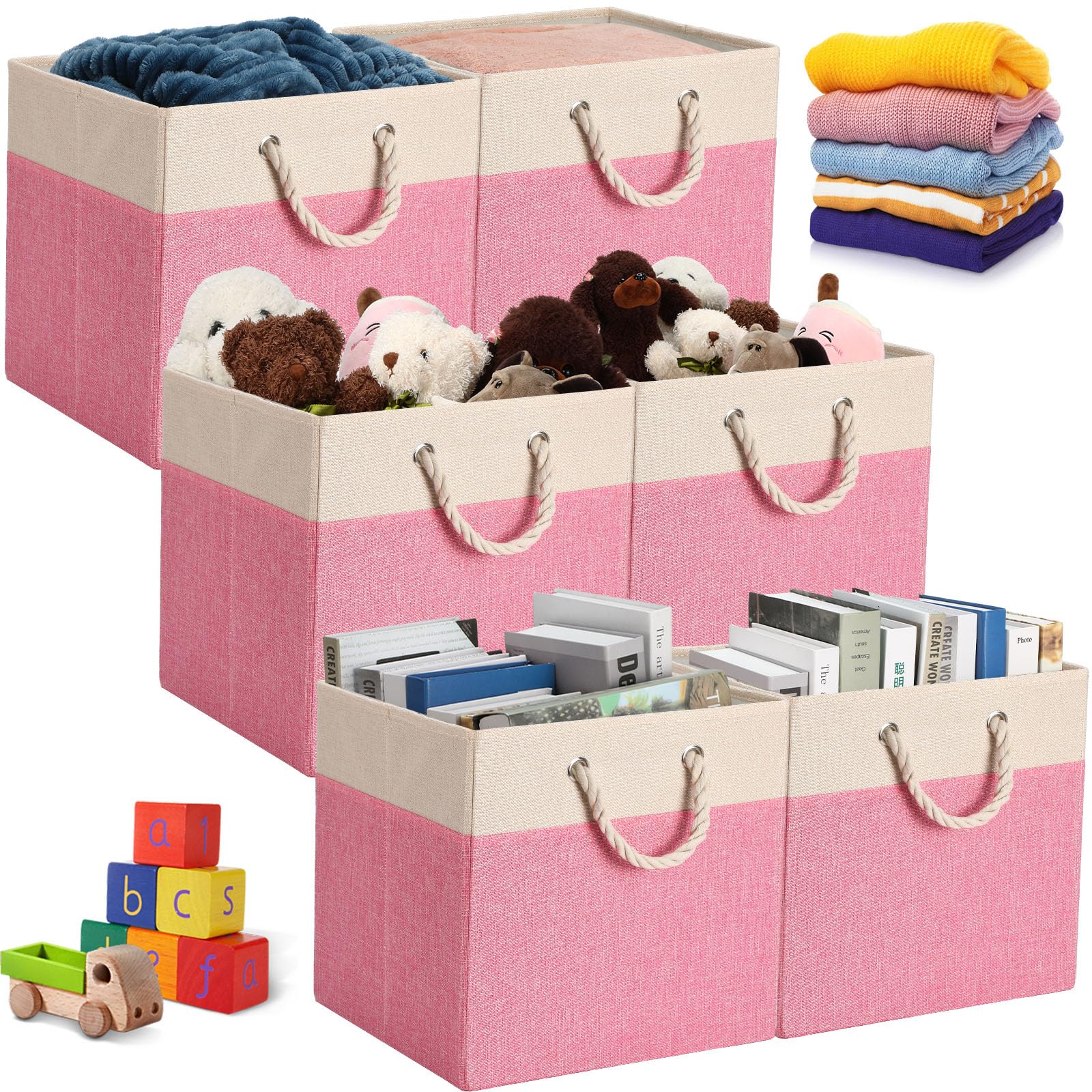 Windyun 6 Pcs Fabric Linen Storage Basket Cube Cloth Large Storage Bin with Handles 13 x 13 x 13 Inch Collapsible Storage Cube Box for Organizing, Shelves, Closet, Home and Office, White and Pink