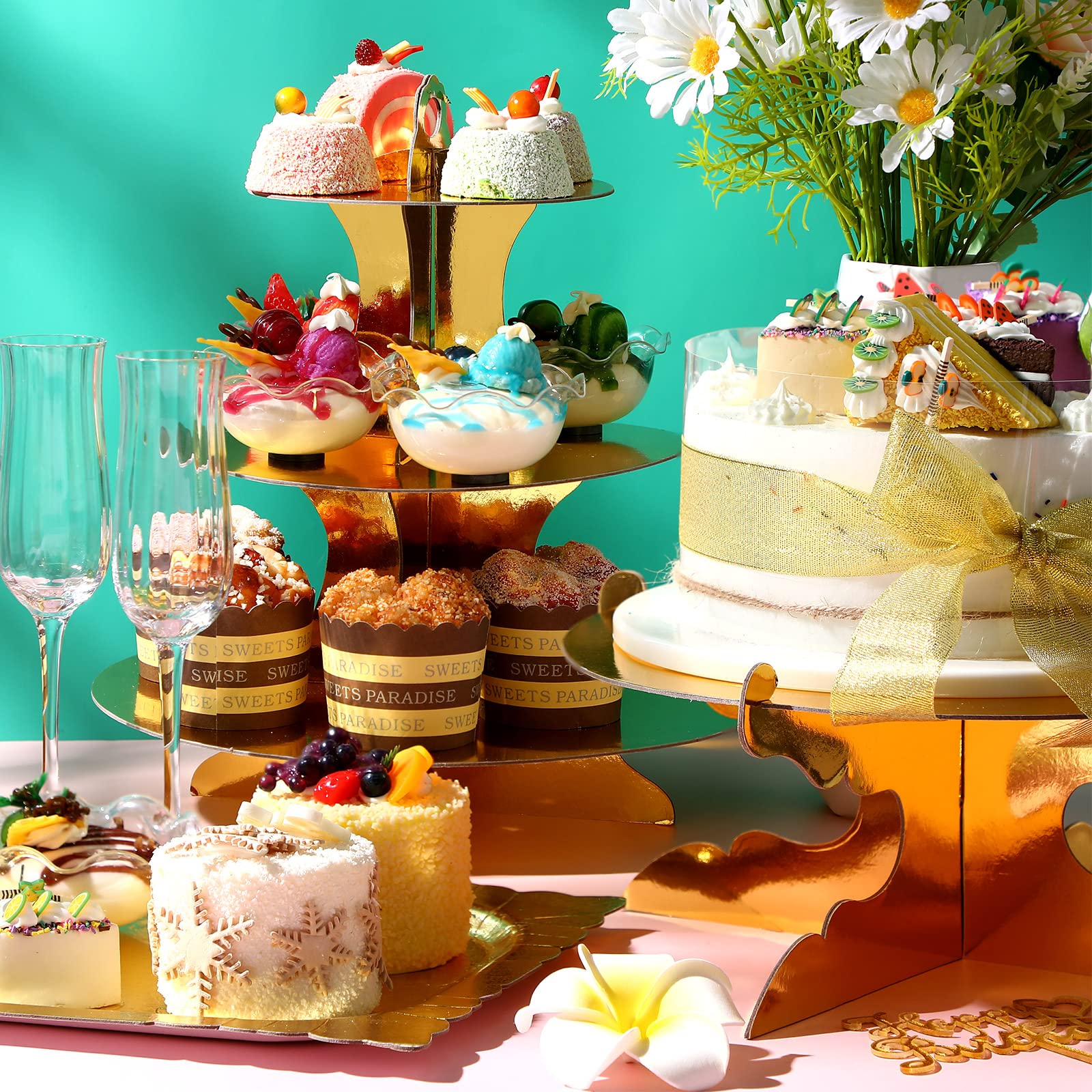 Zopeal 7 Pieces Cake Stand Set 3-Tier Cardboard Cupcake Stand 1-Tier Cake Stand Round Dessert Stand Rectangle Serving Tray Reusable Platters Cupcake Holders for Desserts Birthday Party(Gold)