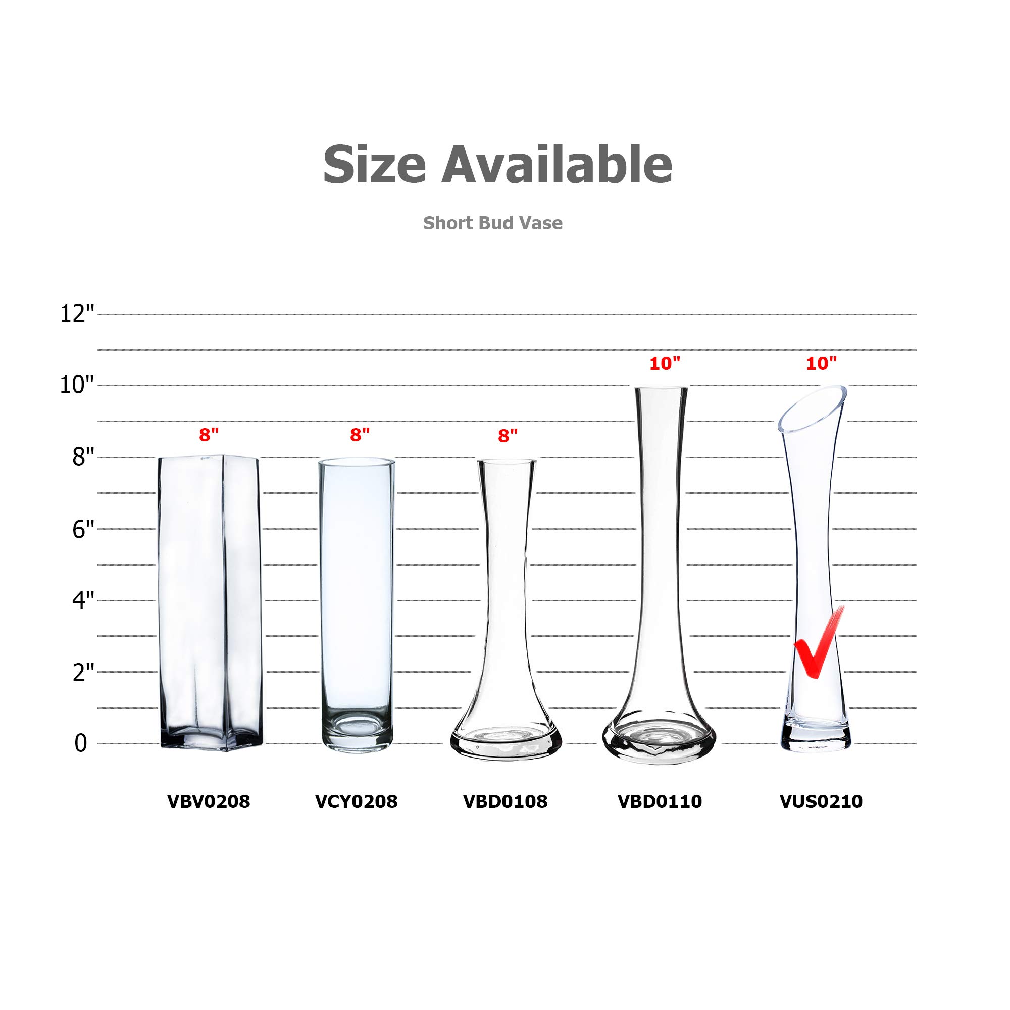 WGV Maria Bud Vase Bulk, Width 2", Height 10", Clear Slant Cut Opening Gathering Concaved Glass Floral Container Centerpiece for Wedding Party Event Home Office Decor, 6 Pieces