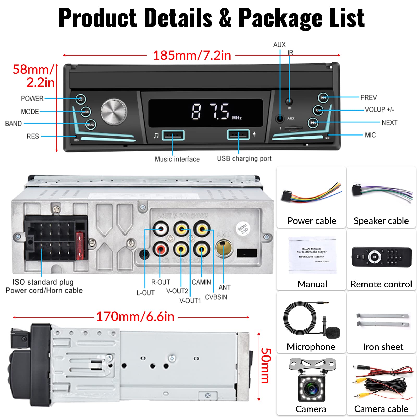 UNITOPSCI Single Din Car Stereo Radio 7 Inch Flip Out Touch Screen Bluetooth Radio FM Car MP5 Player Mirror Link AUX/TF Card Input/Dual USB/Fast Charge SWC EQ with Backup Camera Remote Control Mic