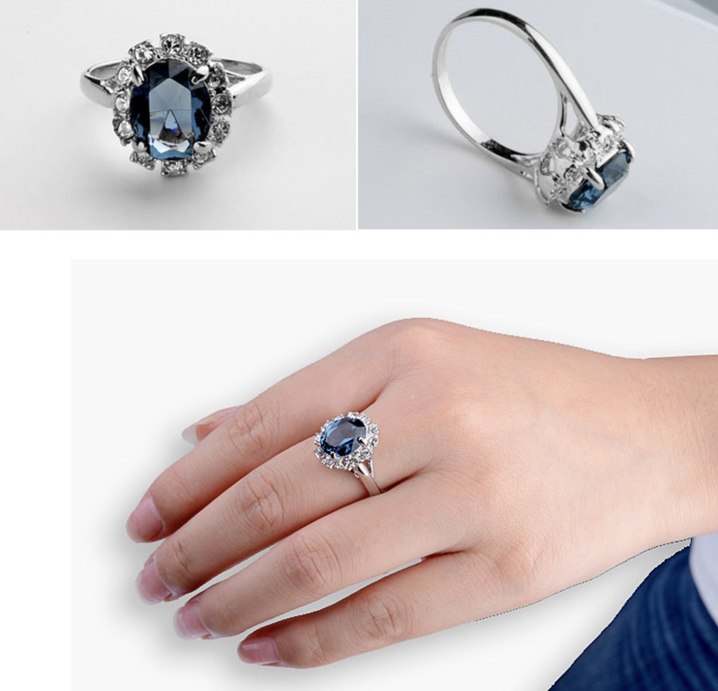 White Gold Plated Oval Shaped Ring with Sapphire Blue Swarovski element Crystal and Clear Round Shaped Cubic Zirconia Fashion Jewelry for Women (6.5)