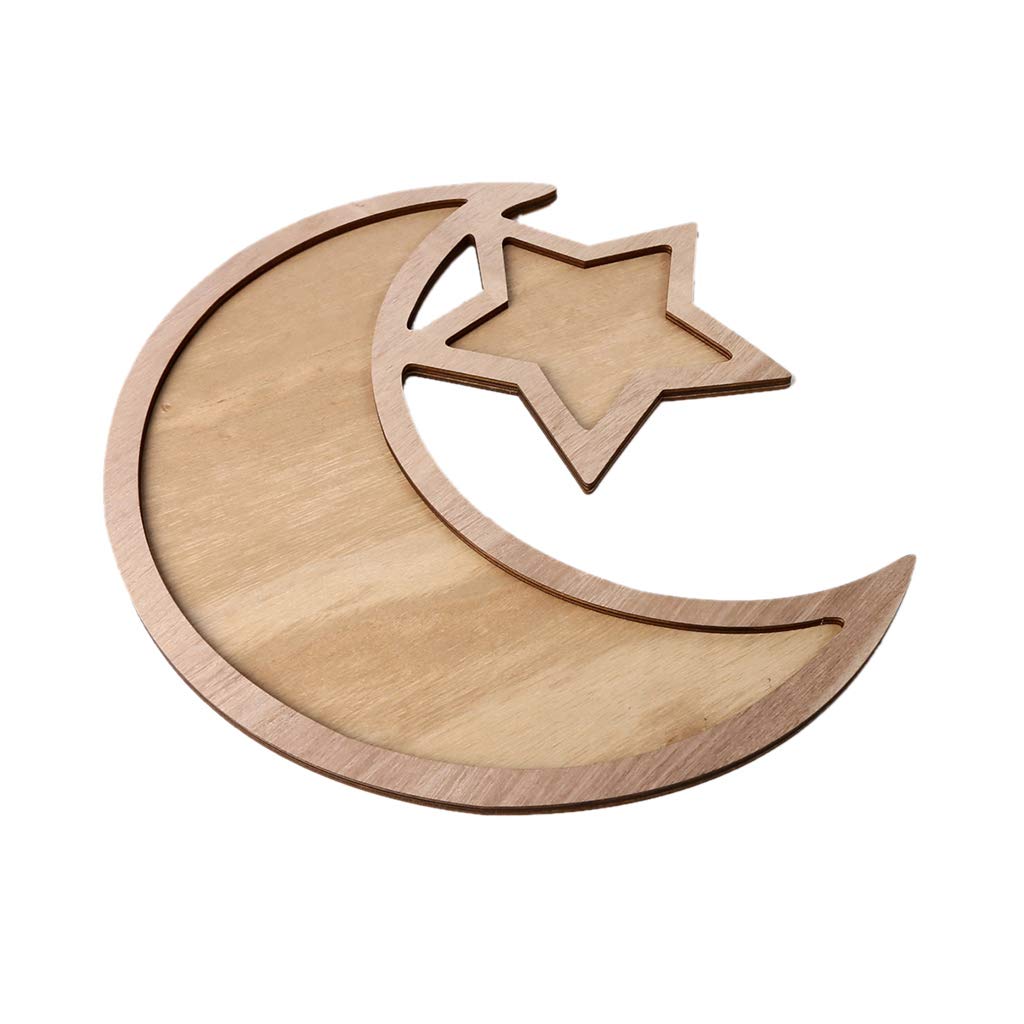 Zripool Wooden Rustic Crescent Moon Srar Eid Ramadan Party Food Serving Tableware Dessert Pastry Tray Display Holder Decor