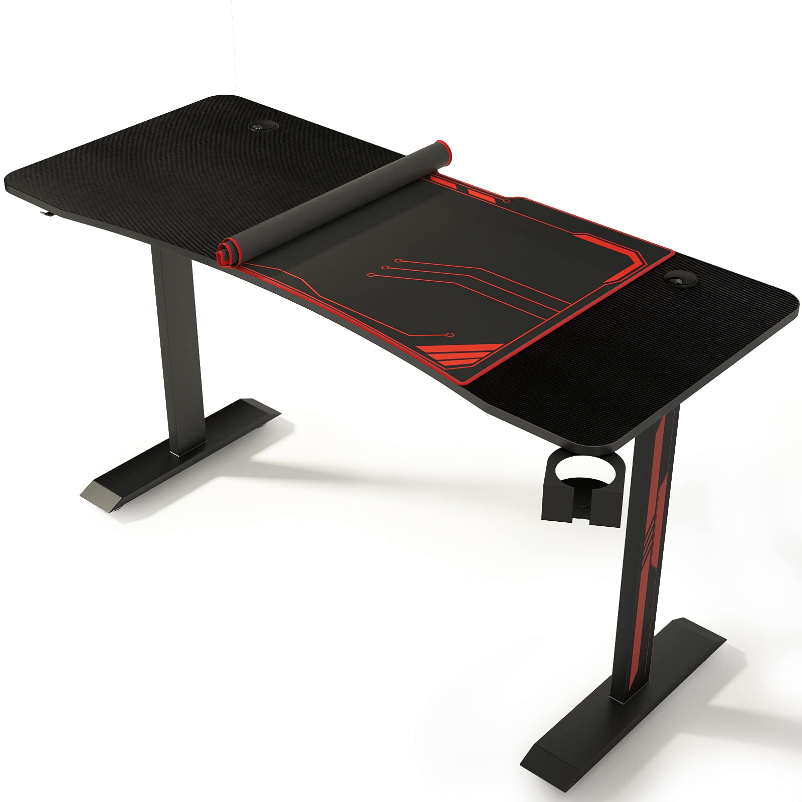 Sleepmax 55 Inch Gaming Desk, Heavy-duty Gaming Computer Table with Carbon Fiber Surface & Large Mouse Pad, Black PC Desk Gamer Setup with Cup Holder, Headphone Hook & Adapter Organizer