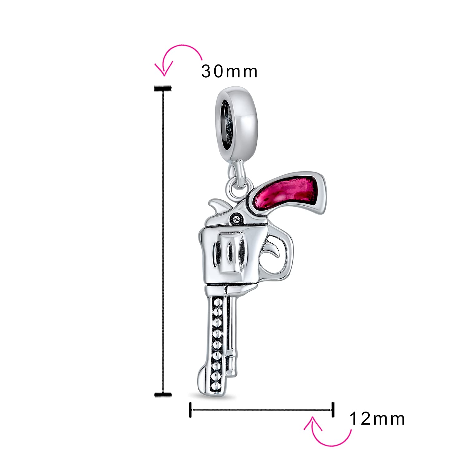 Western Marksmen Pistol Revolver Gun Dangle Bead Charm For Women Oxidized .925 Sterling Silver Fits European Bracelet