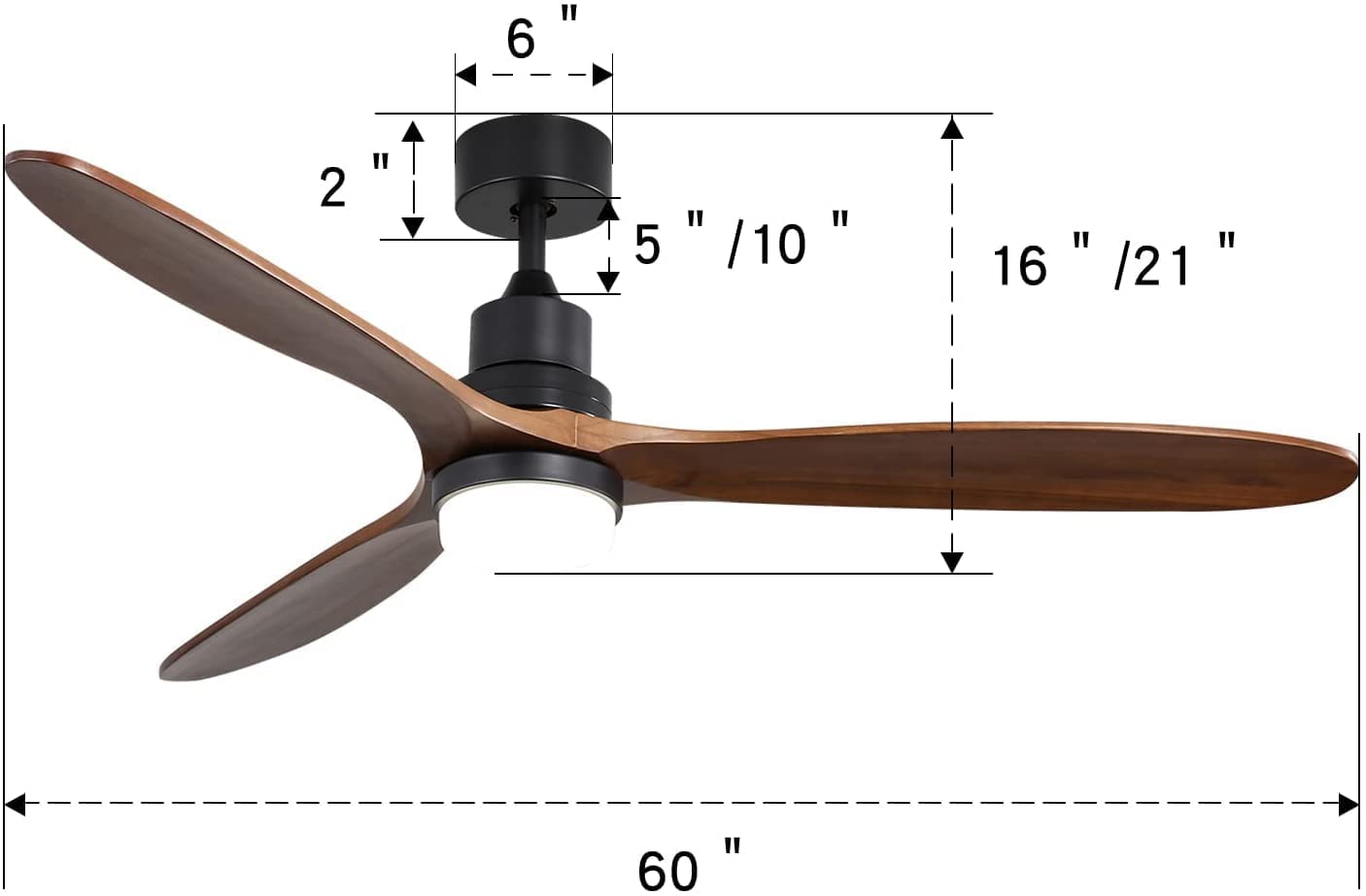 Sofucor 60" Wood Ceiling Fan with Light and Remote, Dimmable LED Ceiling Fan, Noiseless DC Motor, 3 Oil Rubbed Bronze Blades, for Indoor or Covered Outdoor, Matte Black