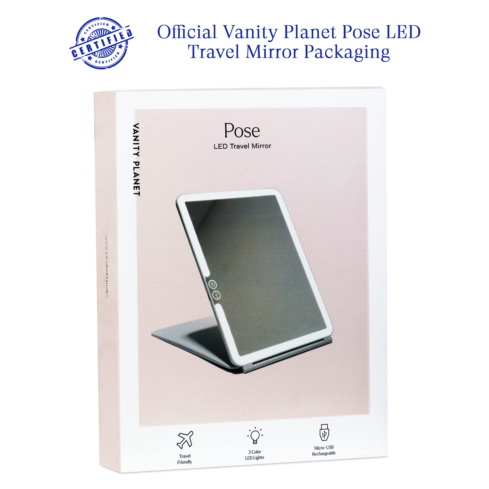 Vanity Planet LED Travel Handheld Vanity Mirror, Pose 3 LED Colors for Consistent Lighting with Dimmable Ring Light - Built-in Touch Sensors with Rechargeable Micro-USB - White
