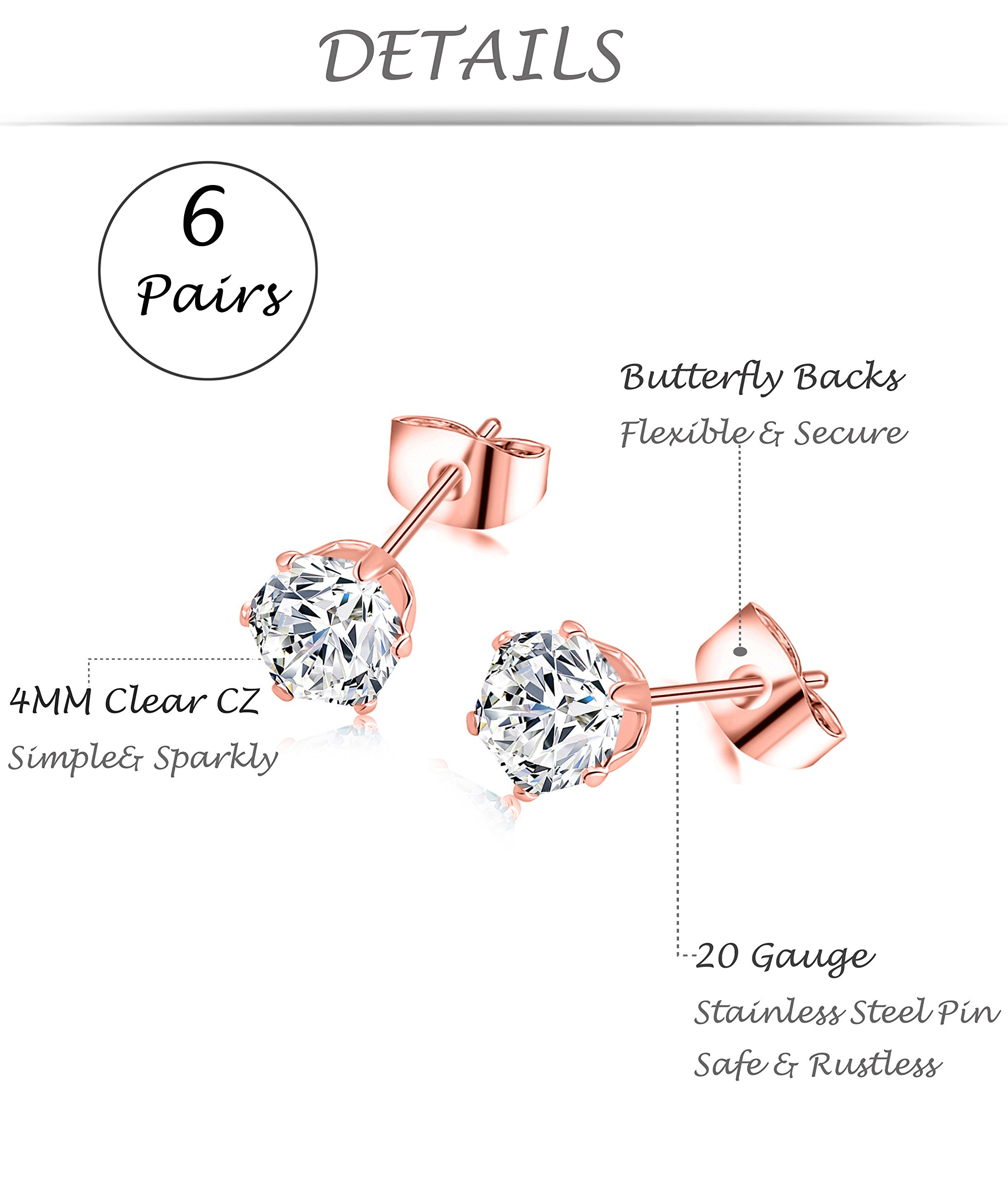 Tornito 6 Pairs Stainless Steel Stud Earrings CZ Ball Earring Set For Men Women 4MM/6MM/8MM Silver Rose Gold Tone