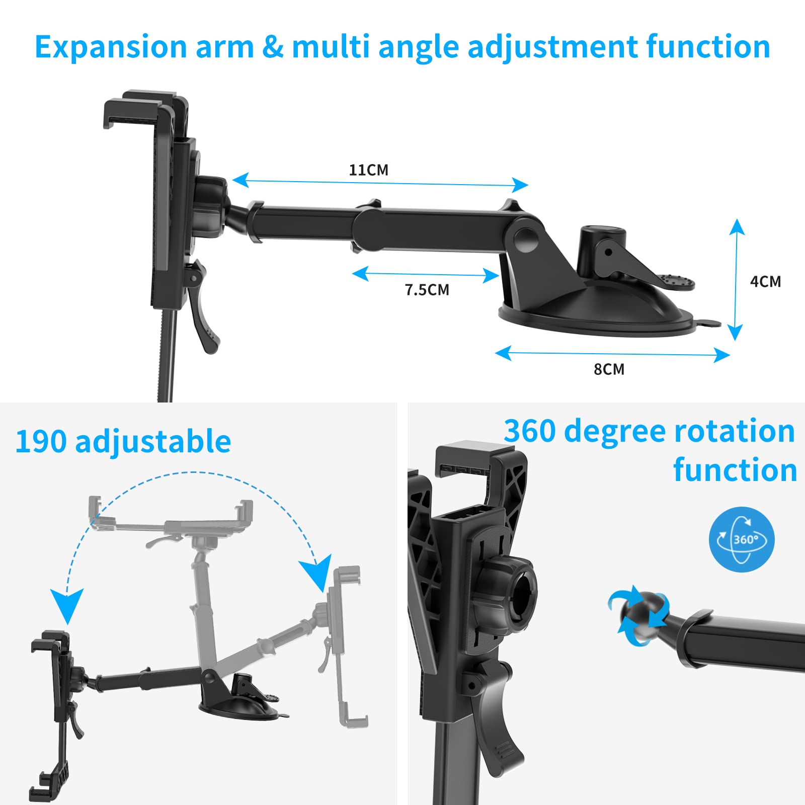 XWXELEC Car Tablet Mount Holder Dashboard & Windshield, 360° Rotatable Suction Cup Dash Stand for iPad Pro /9.7/11/10.5/Air/Mini 6 5 4, Samsung Galaxy Tab, 7"-10.5" Tablets