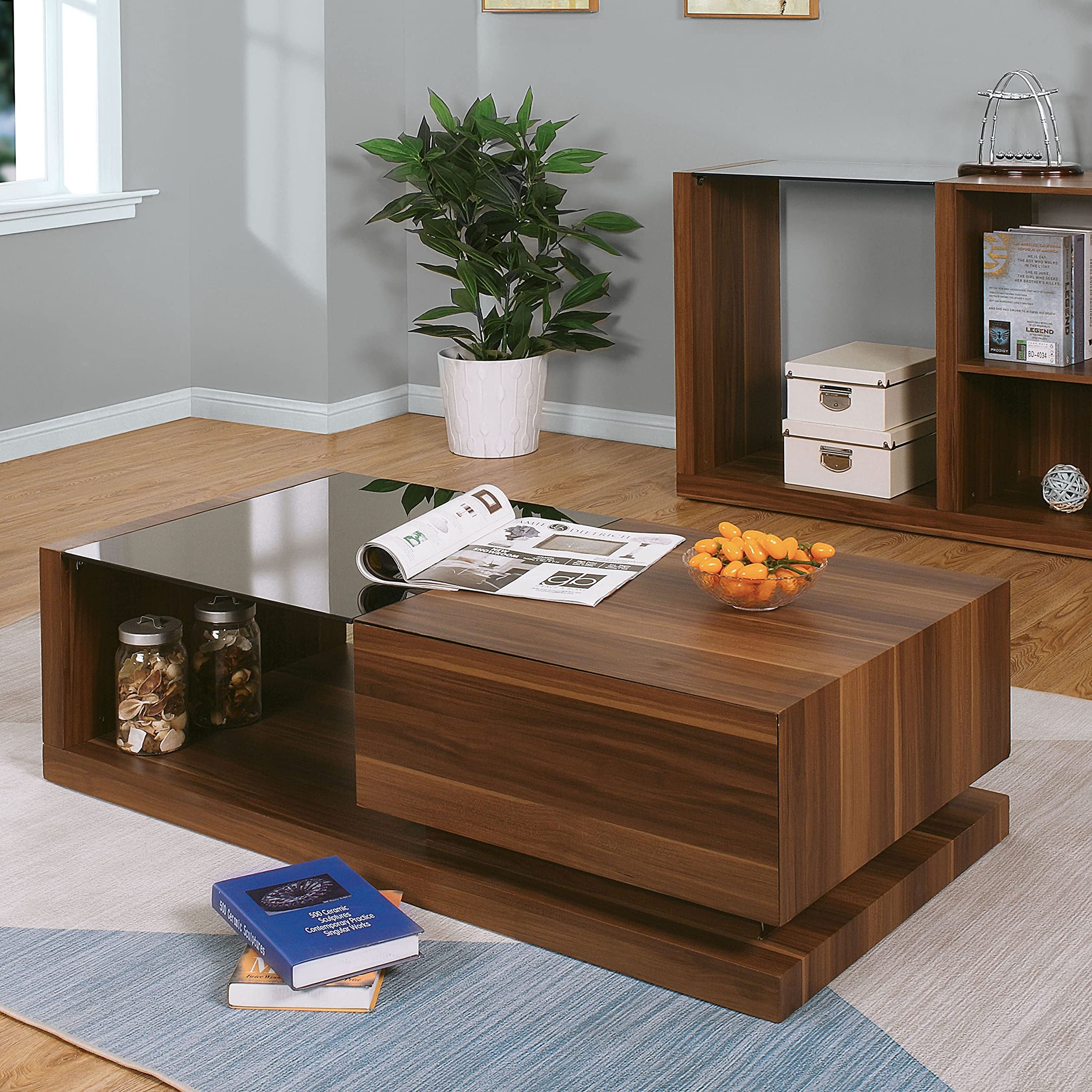 Walnut 3-Piece Storage Coffee Table Set Black Brown Farmhouse Modern Contemporary Rectangular Glass Veneer Finish Drawers Shelf