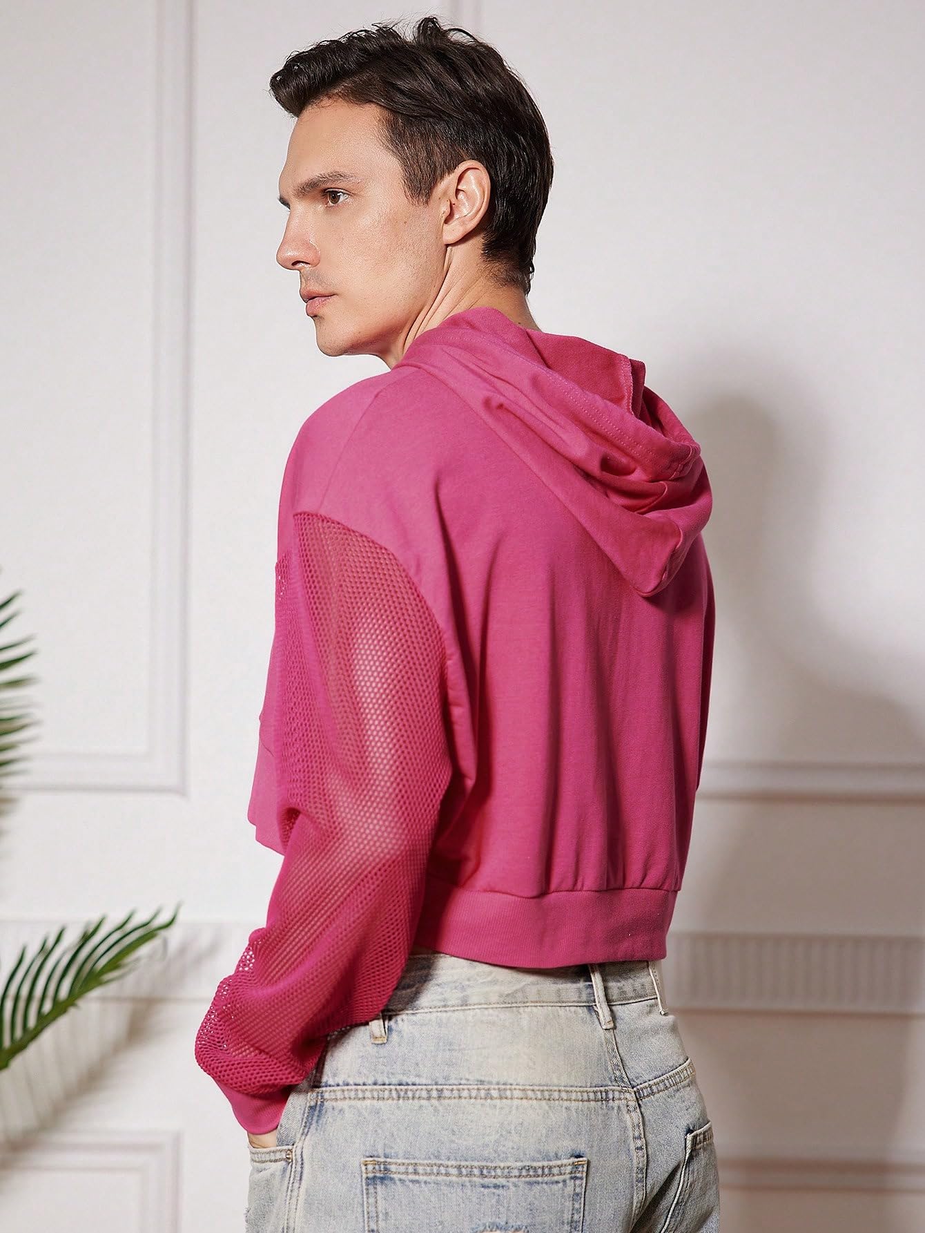 WDIRARA Men's Drawstring Mesh Long Sleeve Hoodie Sweatshirt Pullover Crop Top Hot Pink S