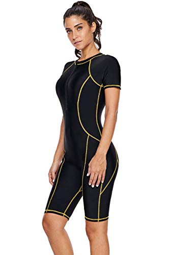 SAILBEE Women's One Piece Short Sleeves Contoured Zip Front Wetsuit Swimsuit (410893 L, Yellow Seam)
