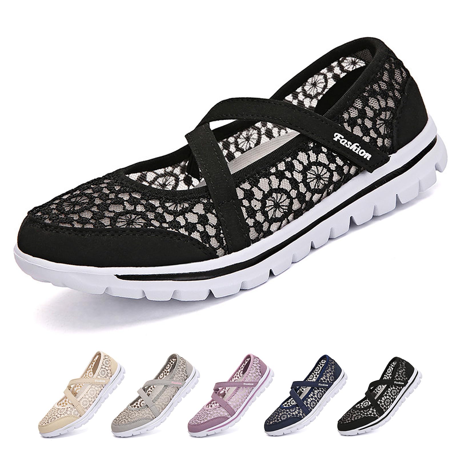Women's Lace Mesh Adjustable Breathable Flat Walking Shoes Casual Non-slip Lightweight Sneakers Comfortable Slip-On Shallow Mouth Mom Shoes Nurse Working Shoes Mary Jane Shoes (Black,7.5,Female)