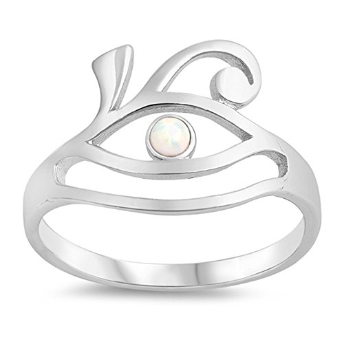 White Simulated Opal All Seeing Eye Ring 925 Sterling Silver Evil Wave Band Size 7