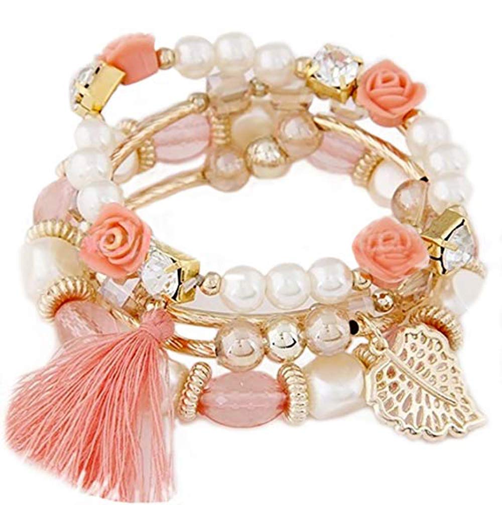 yunanwa 5 PACK Multilayer Bohemian Beaded Bangle Bracelet Crystal Charm Stretch Beach Stack-able Multi-color Boho Bracelets Jewelry Set
