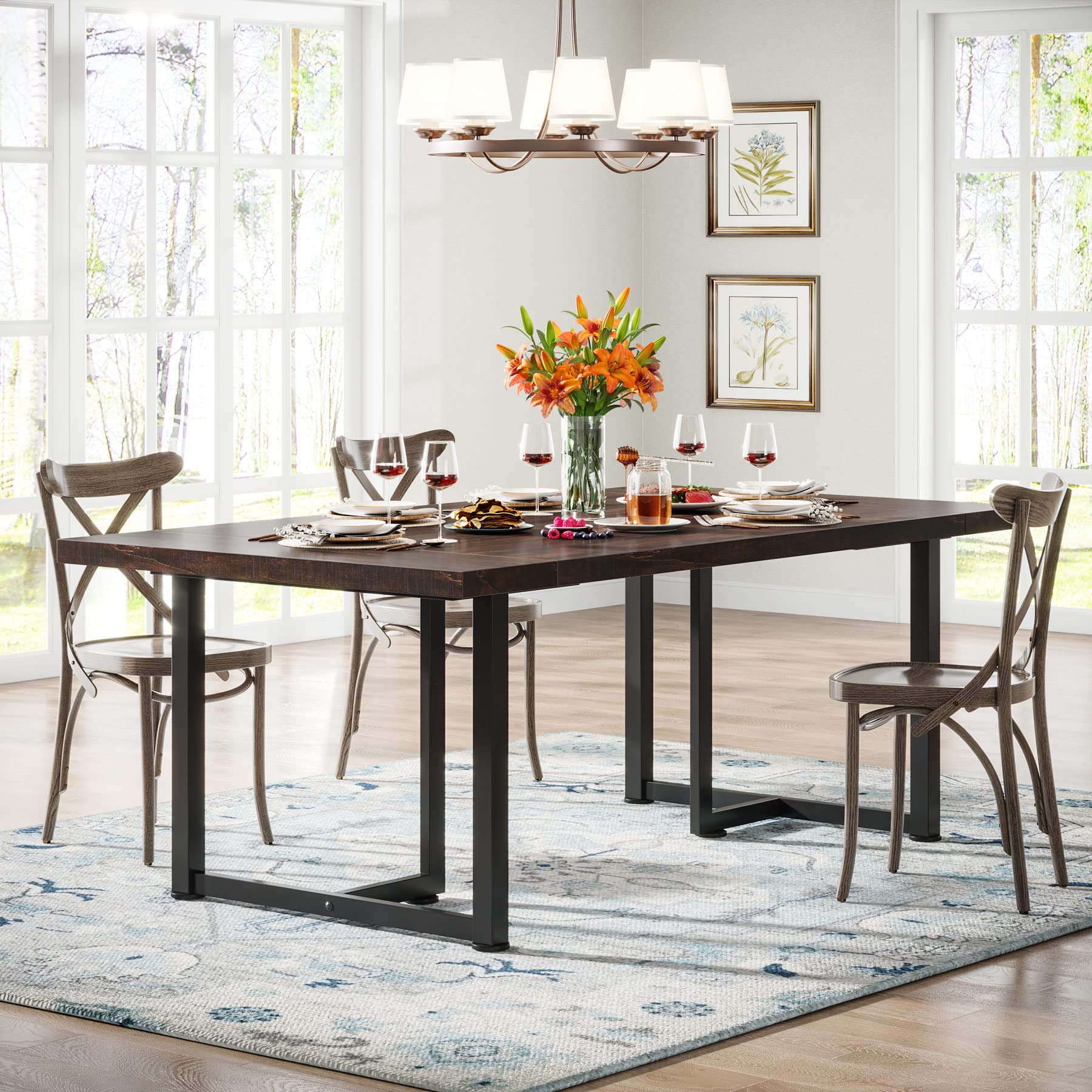 Tribesigns Dining Table for 6, Rectangular Dining Table with Strong Metal Frame, 63-inch Industrial Wood Kitchen Table for Dining Room, Home Furniture (Rustic Brown & Black)