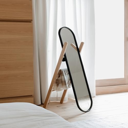 Umbra Hub Floor Length Mirror with Storage Rack, Modern Black Rubber Rim and Solid Wood Storage Ladder, Black/Natural Finish