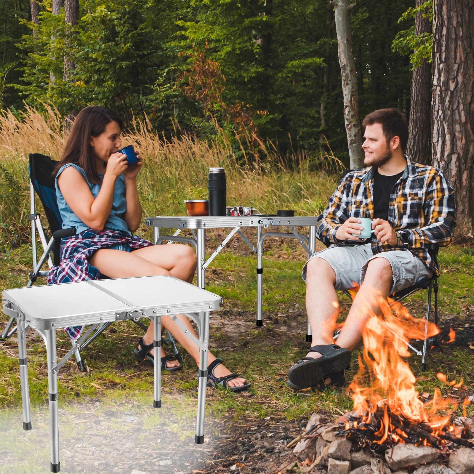 Yahenda 2 Pcs Folding Camping Table Portable Aluminum Folding Table 2ft Lightweight Outdoor Camping Desk with 2 Adjustable Heights for Camp Picnic Cooking BBQ, 24'' x 16'' (Silver)