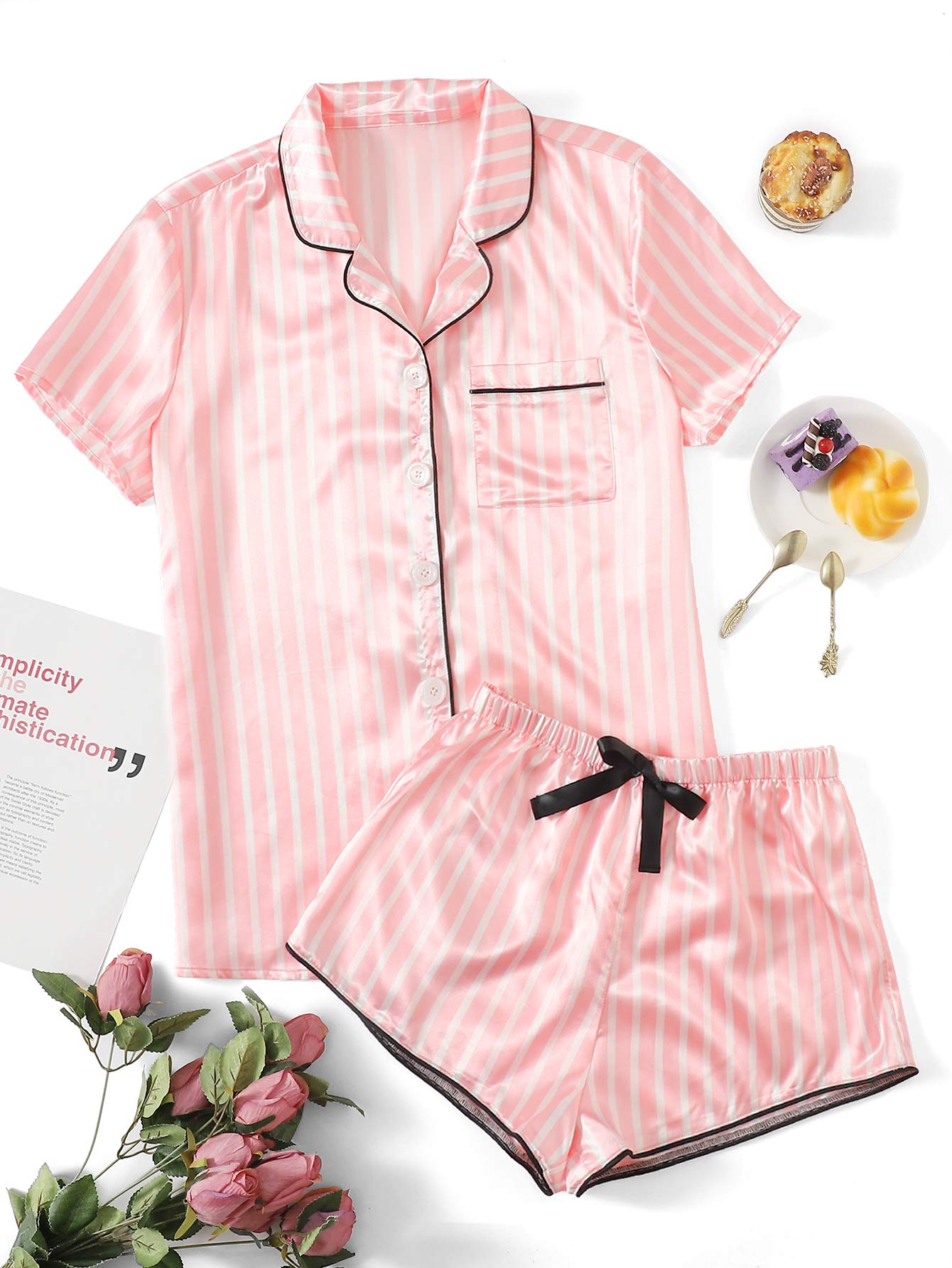 WDIRARA Women's Satin Sleepwear Short Sleeve Button Shirt and Shorts Pajama Set Silky PJ Striped Pink M
