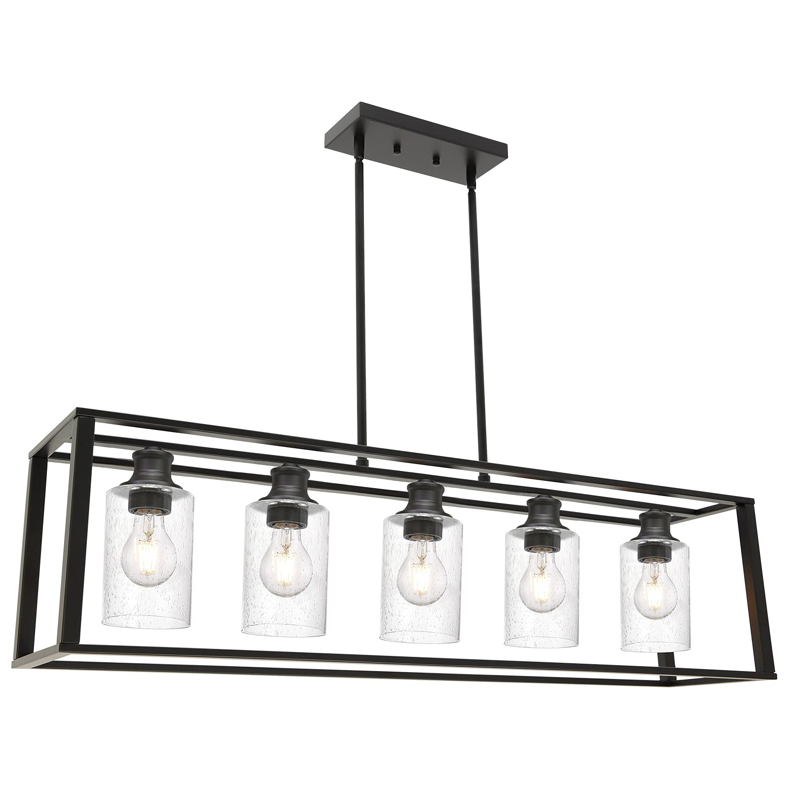 Wanluce Rectangular Chandelier for Dining Room 5 Light Matte Black Lights Fixtures with Glass Shade Farmhouse Linear Industrial Modern Hanging Lighting