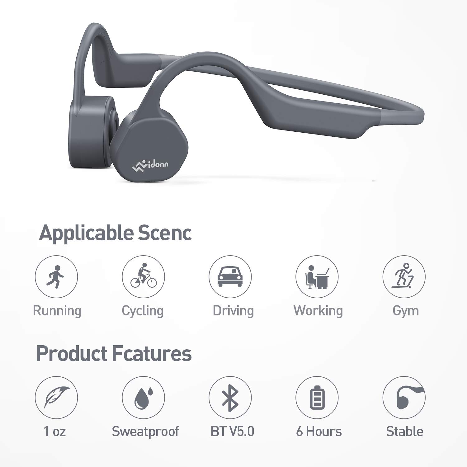 VIDONN Bone Conduction Headphones Bluetooth V5.0 F3 Mini Open Ear Wireless Sports Headset Sweatproof w/Mic - for Cycling Running Driving Gym - Grey