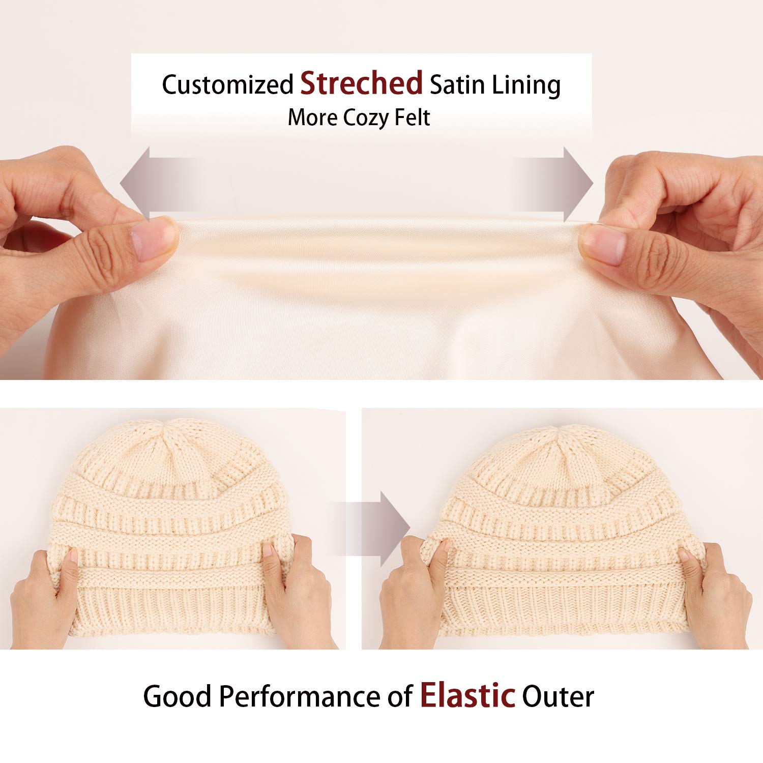 Winter Knit Beanie for Women Satin Lined Cable Thick Chunky Cap Mens Soft Lined Slouchy Warm Hat Beige