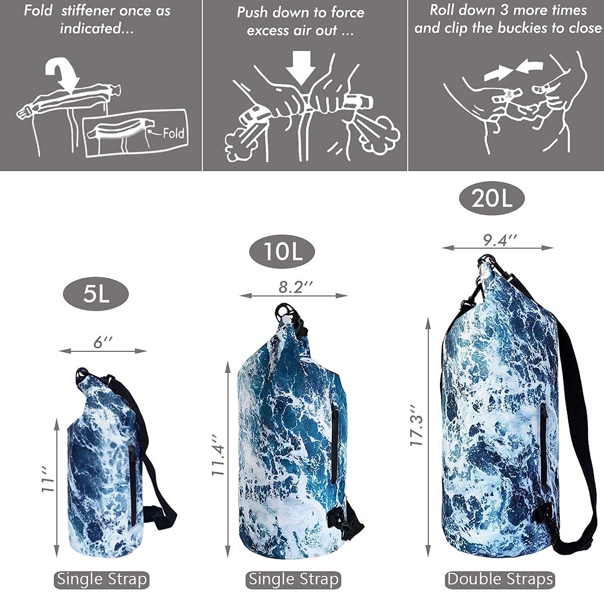 snailman Waterproof Dry Bag for Women Men, Roll Top Lightweight Dry Storage Bag Backpack with Phone Zipper Pocket (Wave, 10L)