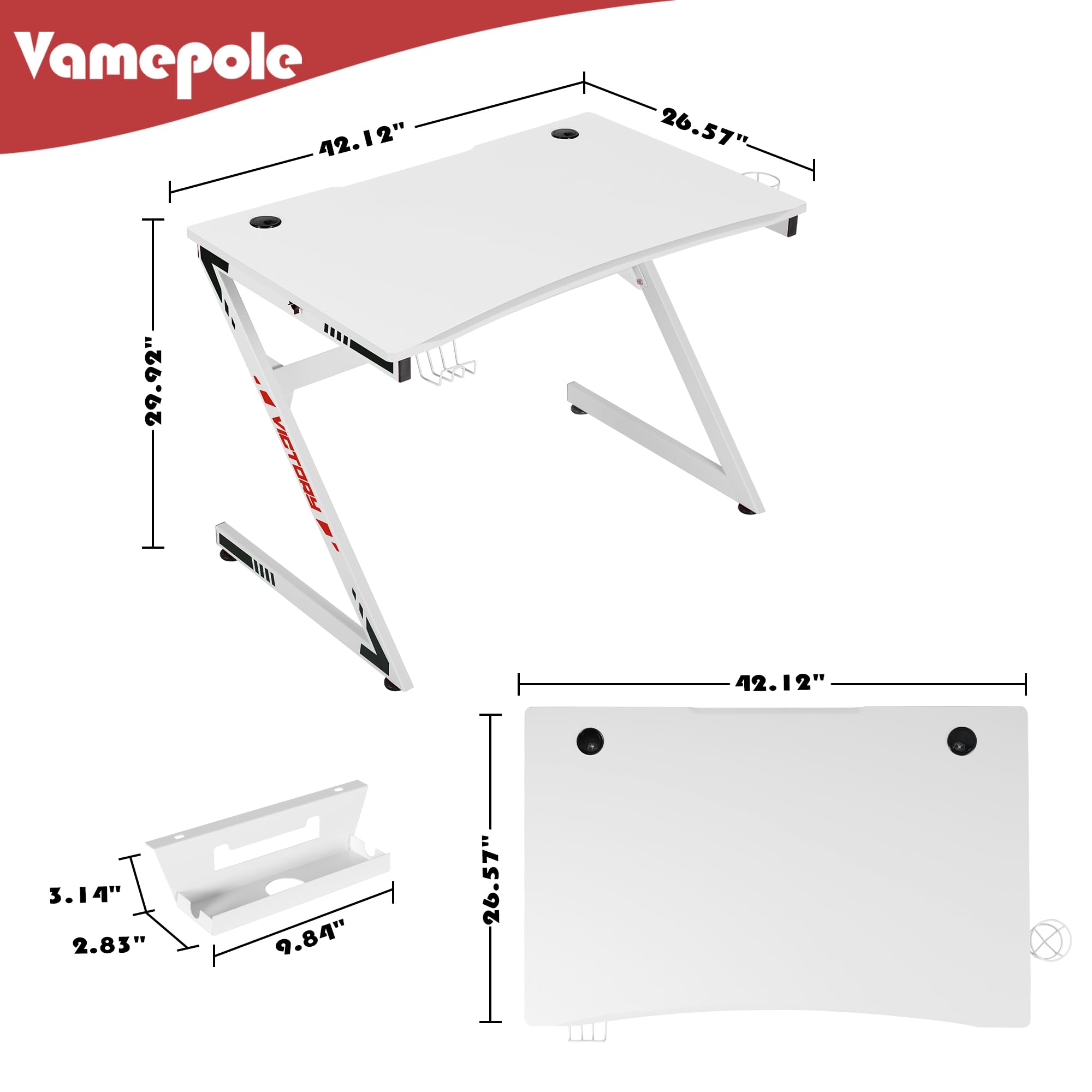 VAMEPOLE Gaming Desk, 42" Small Computer Desk with Cup Holder & Headphone Hook for Small Spaces, Home Office Desks, Small Computer Table PC Carbon Fiber Table Gamer Workstation (White)