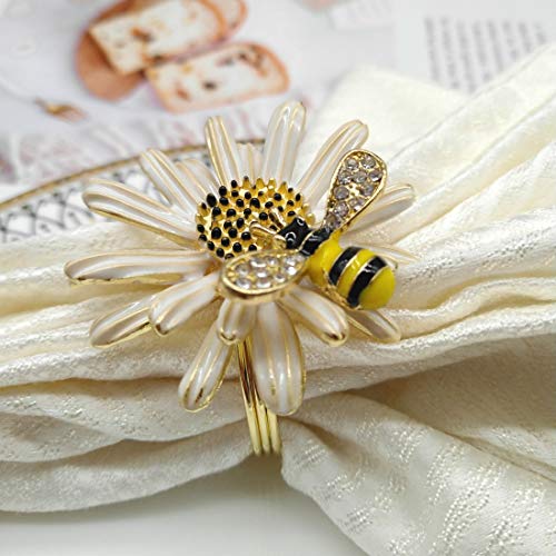 SCTD Daisy Flower Napkin Rings - Set of 6 Metal Bee Napkin Holders for Wedding Party and Daily Use, a Beautiful Complement to Your Dinner Table Décor (White)