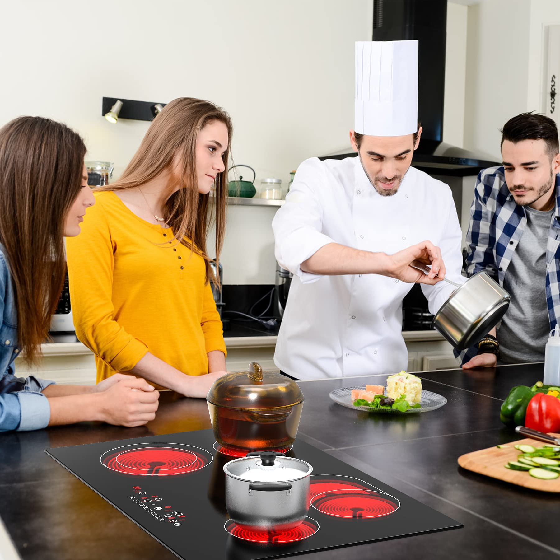 VBGK Electric cooktop 30 inch,240V 7200W Electric Stove 4 burner,Built-in and Countertop Electric Stove Top, LED Touch Screen,9 Heating Level, Timer & Kid Safety Lock, Touch Control