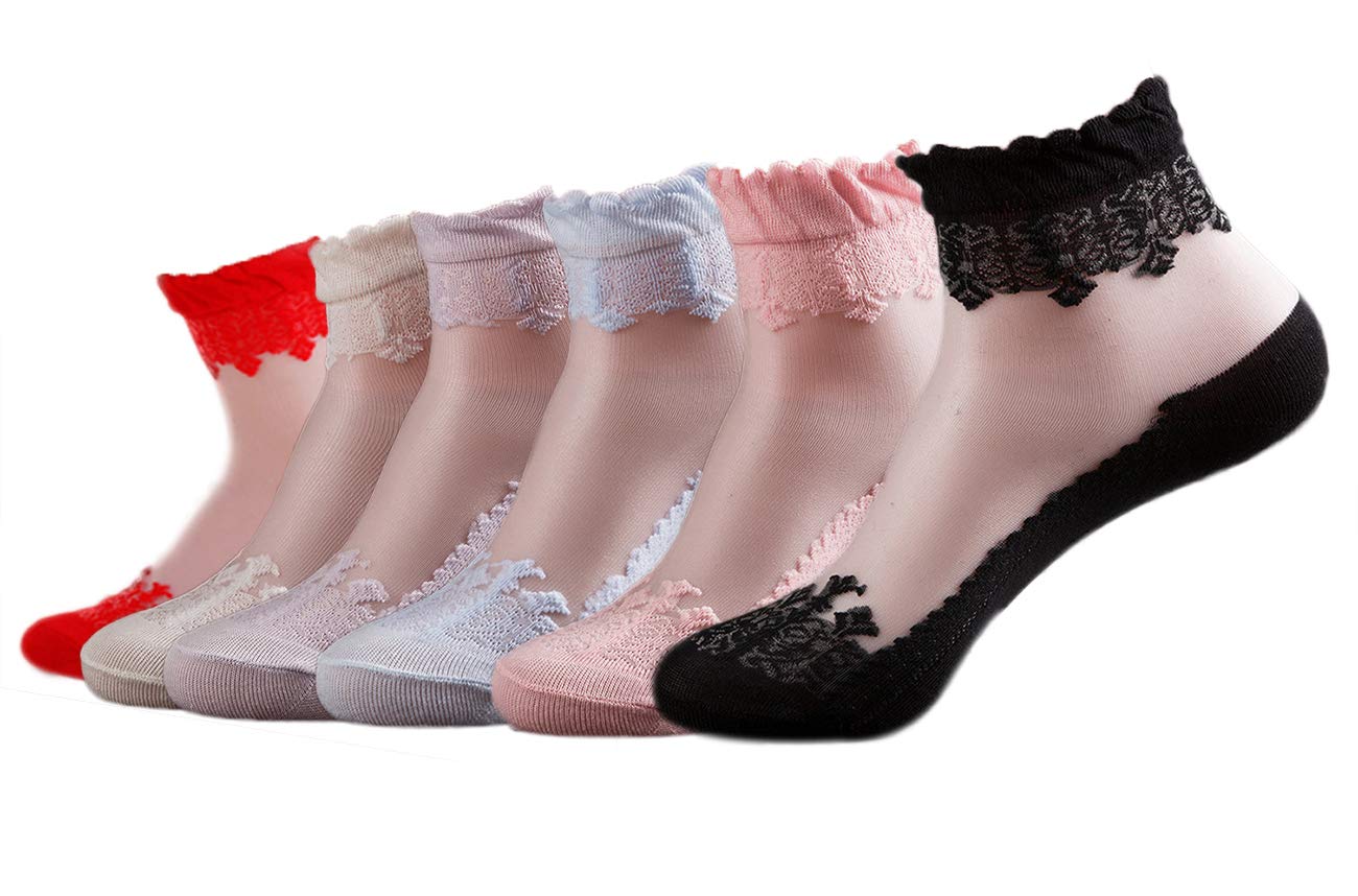 Women 6 Pairs Sheer Elastic Socks Soft Summer Transparent Lace Crystal Silky Hosiery Stockings (6pairs)