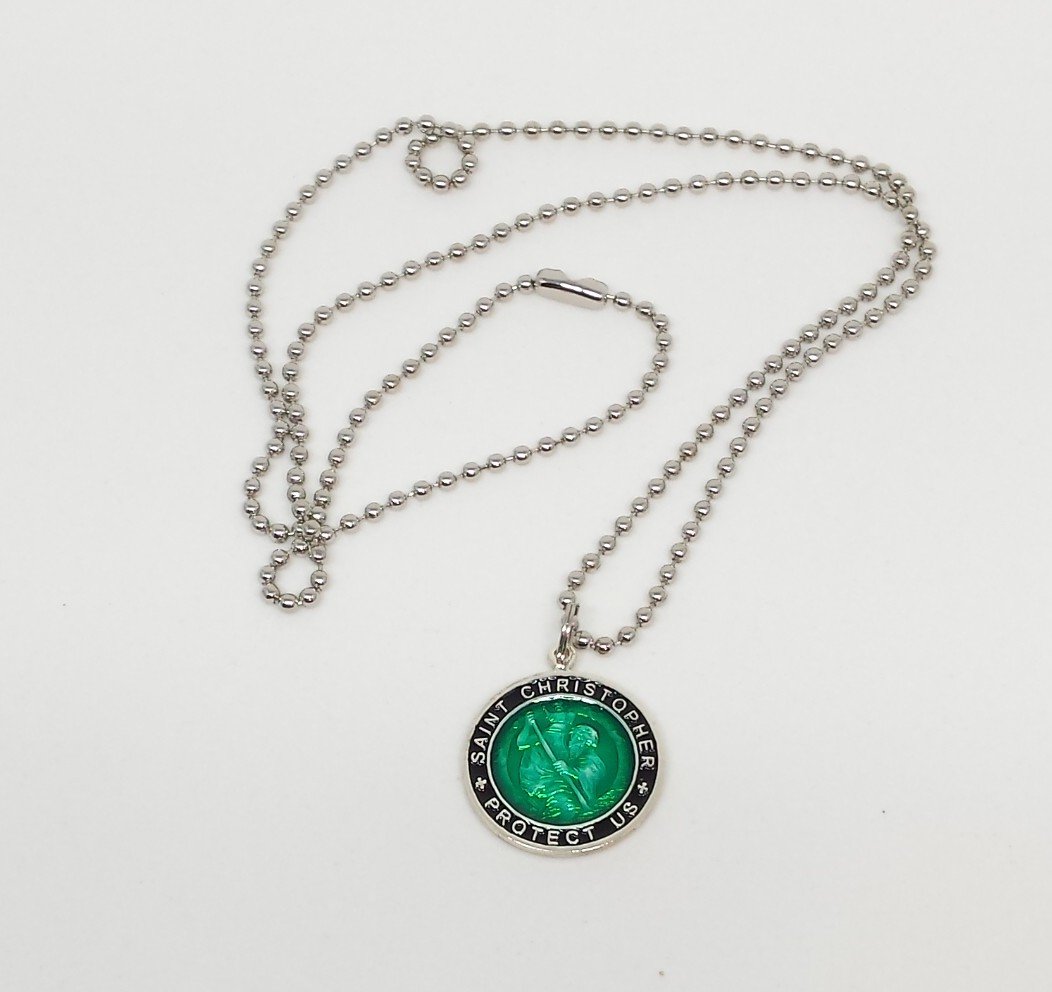 Wet Products St. Christopher Surf Necklace, Large Pendant, Green with Black Rim, 23 Inch Ball Chain