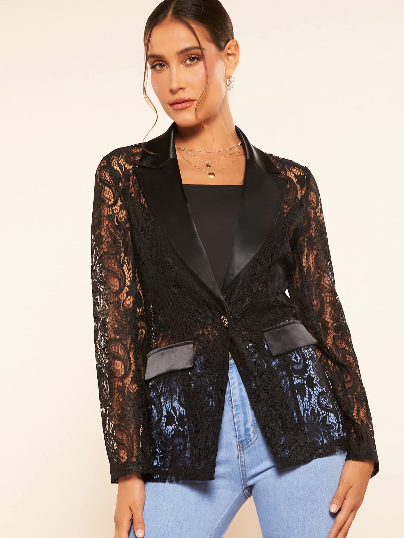 WDIRARA Women's Floral Lace Mesh One Button Lapel Neck Long Sleeve Elegant Jacket Blazer Pink S