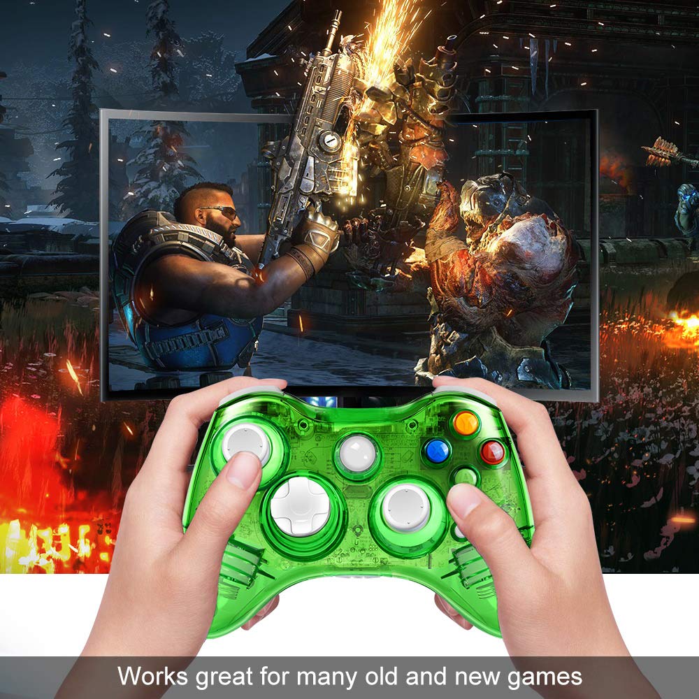 Wireless Controller for Xbox 360, PowerLead Wireless Gamepad Vibration Shock for Microsoft Xbox 360/Windows/PC with 7 LED flashing lights (Green)