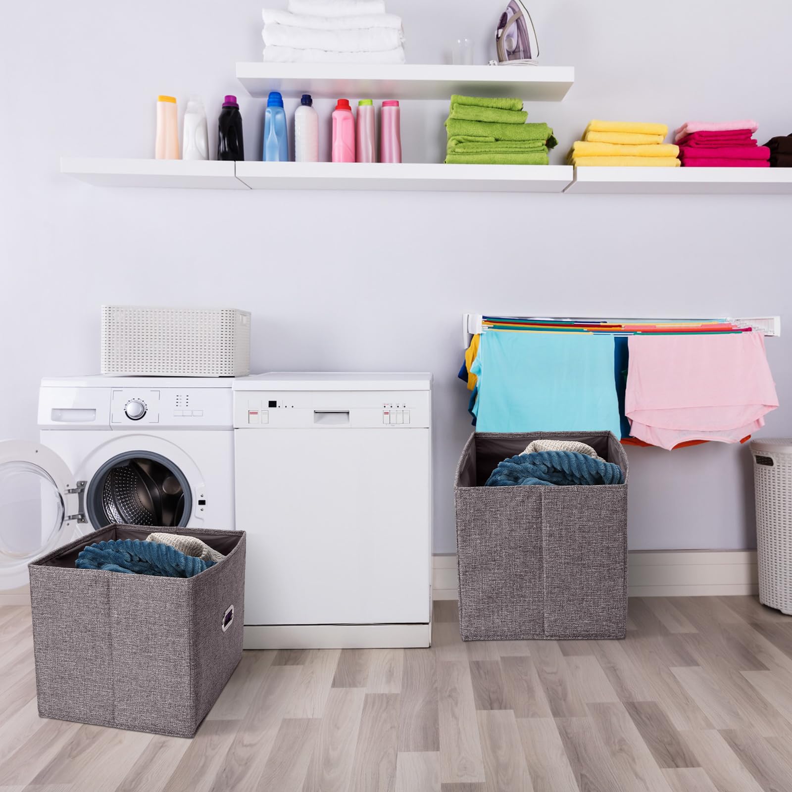 Windyun 6 Pcs Large Collapsible Storage Bins with Lids 17.7 x 11.8 x 11.8 Inch Fabric Closet Storage Cube Boxes Foldable Organizers Containers for Home Closet Office Bedroom Nursery Playroom, Grey